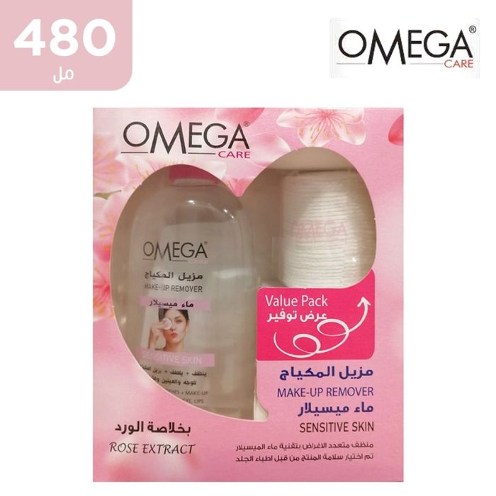 Omega Care Makeup Remover Rose extract Sensitive Skin 480ml + Cotton Free