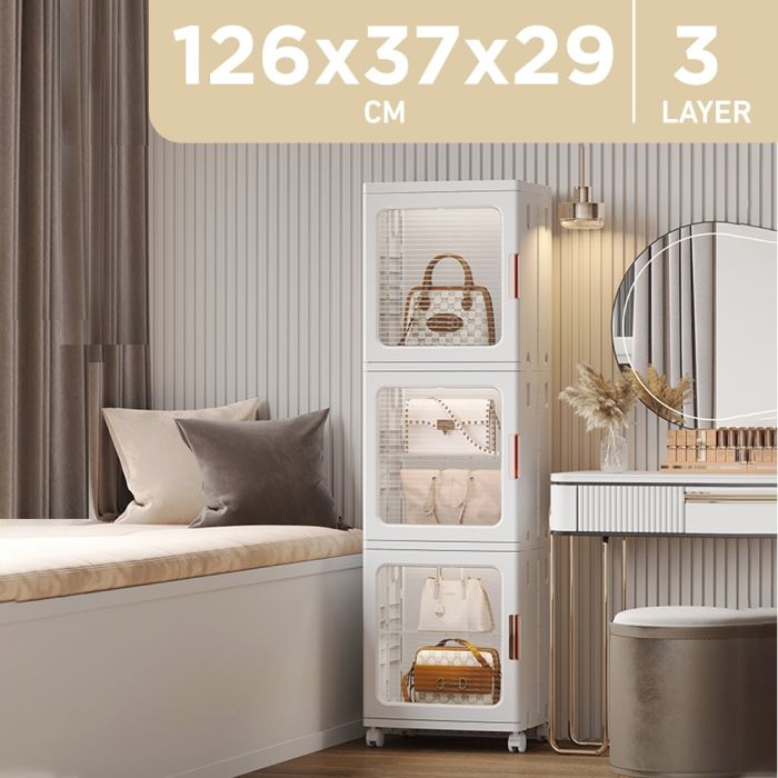 Three-Layer Plastic Storage Box with Clear Lid and Wheels - 37×29×126cm